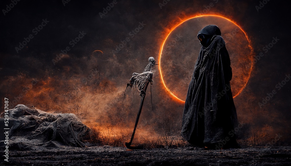 Grim reaper and skeleton on waste land against sun eclipse Stock ...