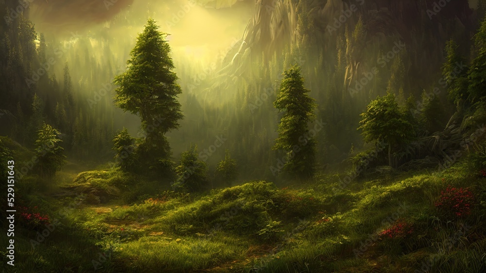 Fantasy fairy-tale magical forest, sunny evening light through the ...