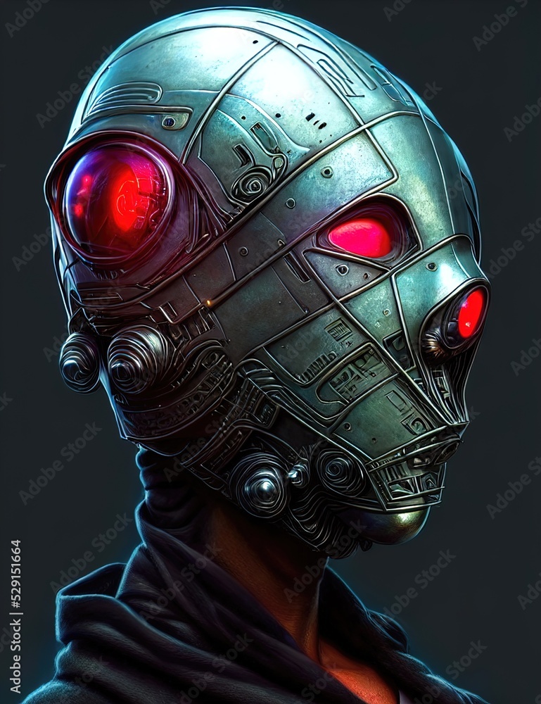 Gasmask steampunk portrait of a robot, cyborg in a cyberpunk mask. A ...