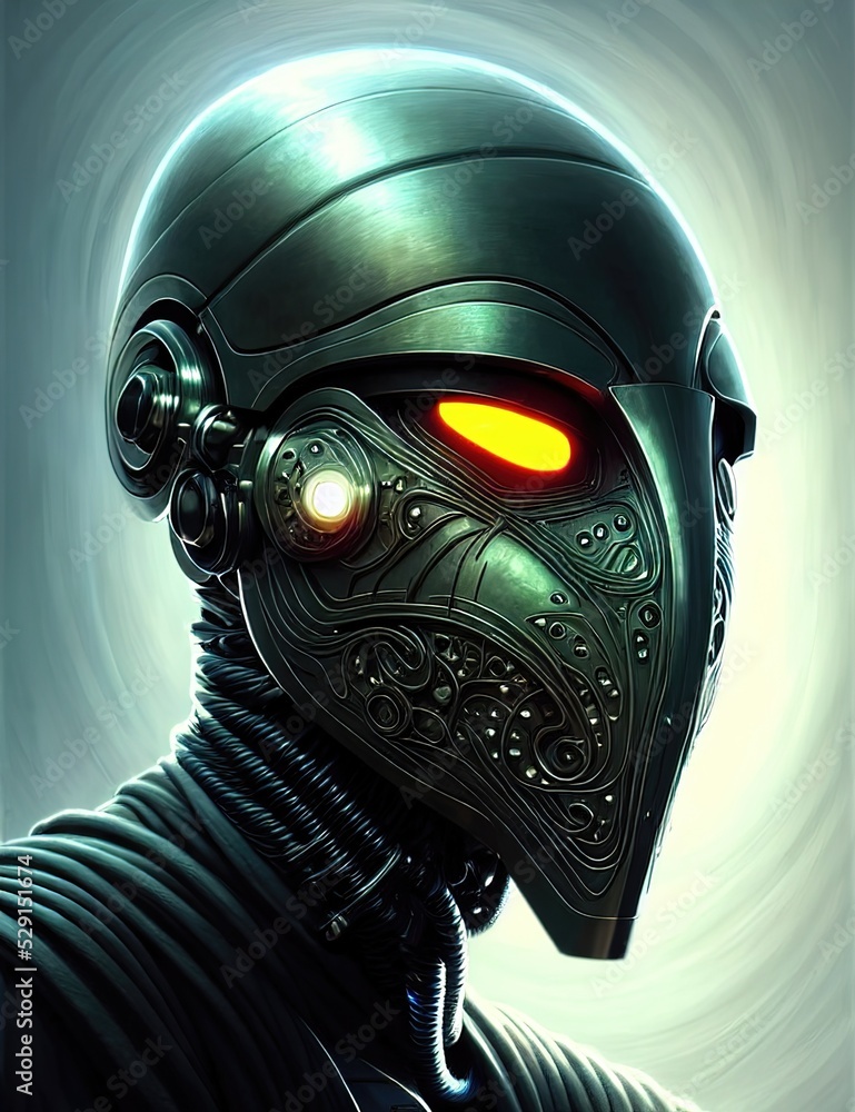 Gasmask steampunk portrait of a robot, cyborg in a cyberpunk mask. A ...