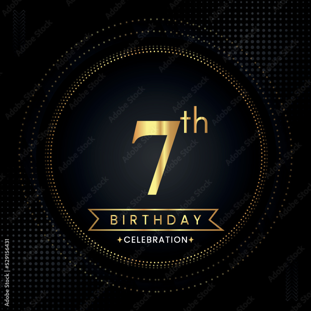 Happy 7th birthday with golden dotted circle frames on black background ...