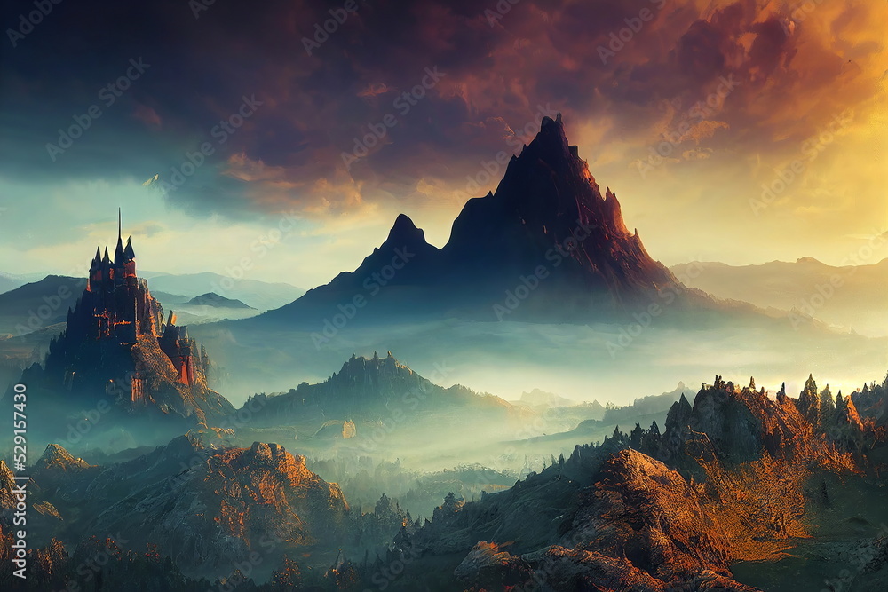 Fantasy castle in the mountains, green hills, blue sky, Fantasy ... Fantasy castle in the mountains, green hills, blue sky, Fantasy ...