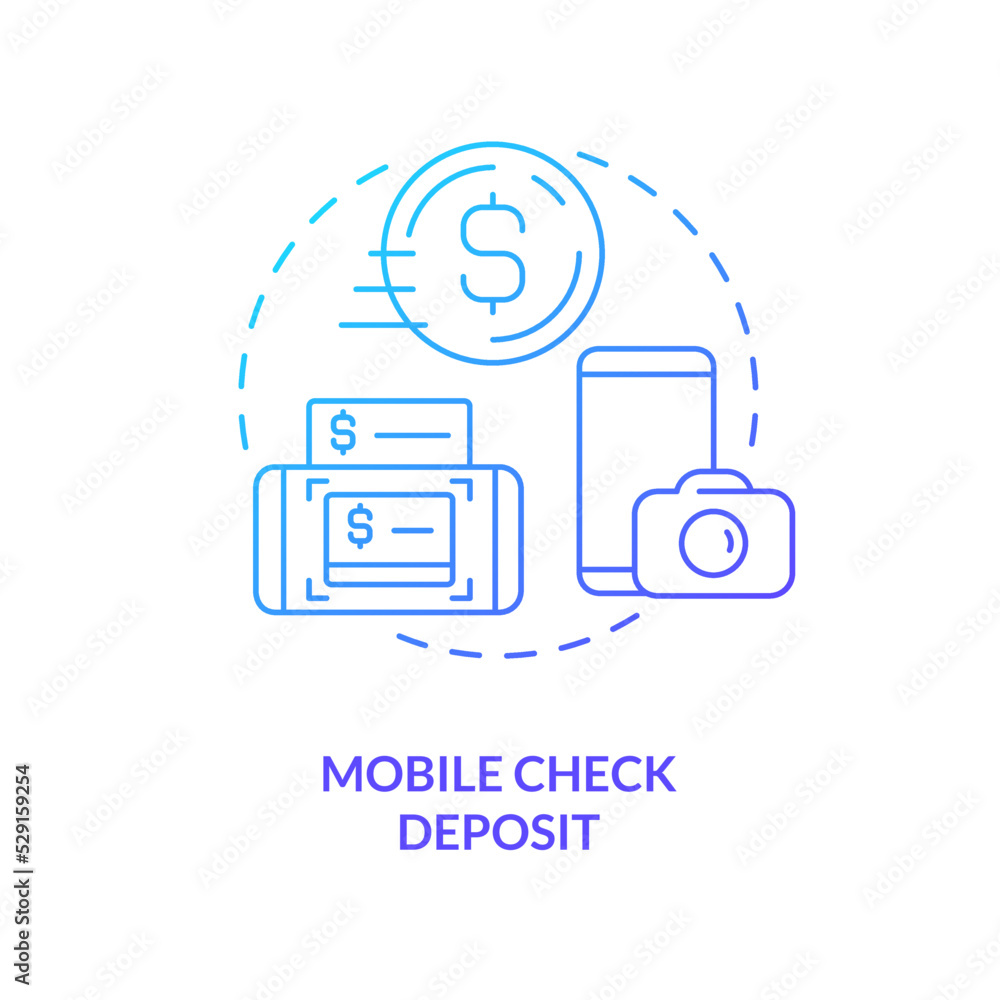 Mobile check deposit blue gradient concept icon. Online access to ...