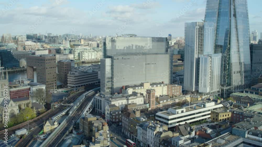 High angle aerial establishing shot overlooking the old Borough Market ...