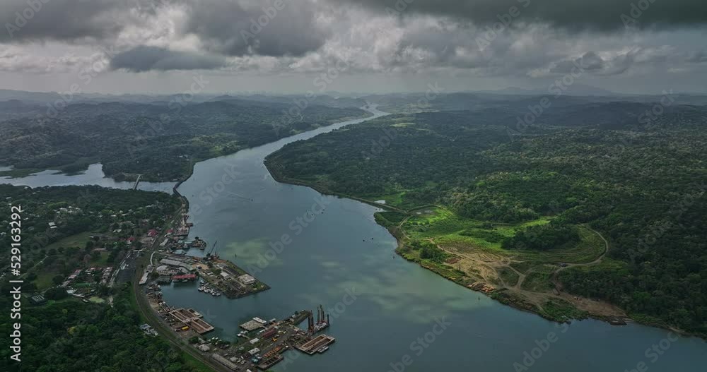 Panama Canal Aerial v3 cinematic pan shot capturing small town gamboa ...