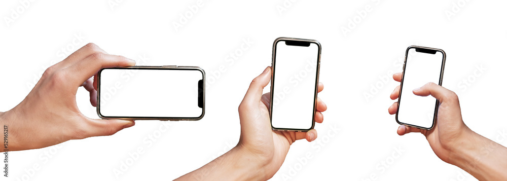 Man holding mobile phone in hand - set of different angles and ...