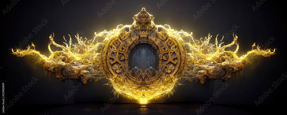 Wooden gate in dim clouds in an empty room. Portal to another world ...