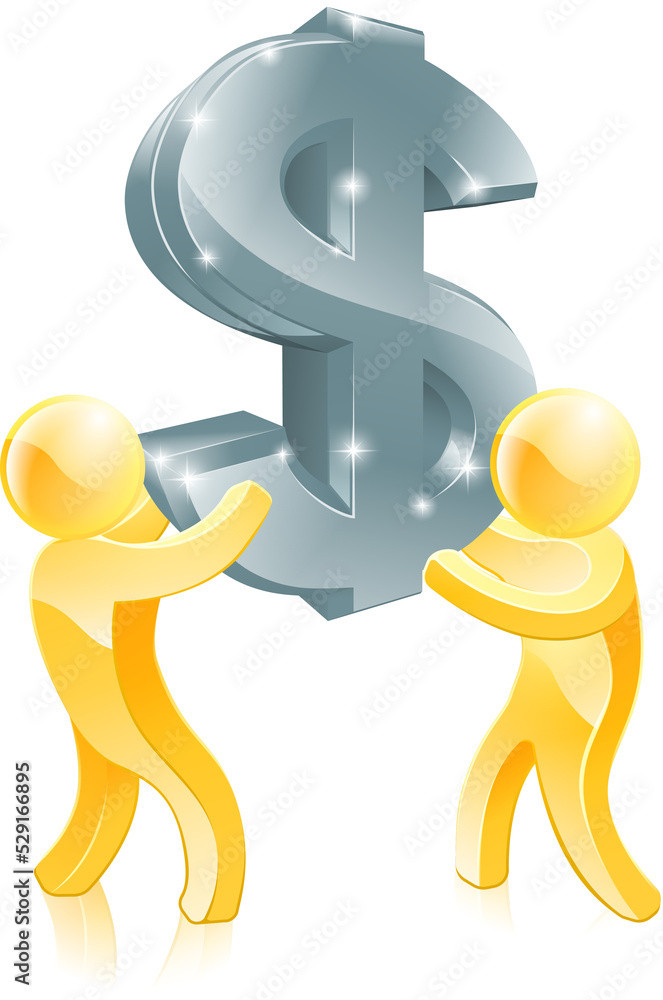 An illustration of two gold people mascots holding a big dollar sign ...