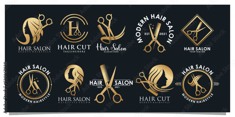 Poster Set bundle hair salon logo design with golden gradient color ...