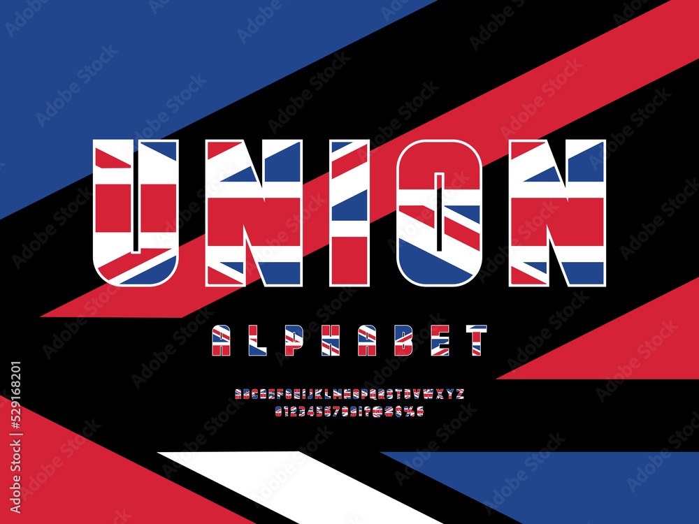 united kingdom flag alphabet design with uppercase, numbers and symbols ...