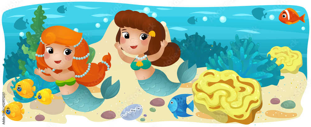 Cartoon ocean and the mermaid in underwater kingdom swimming with ...