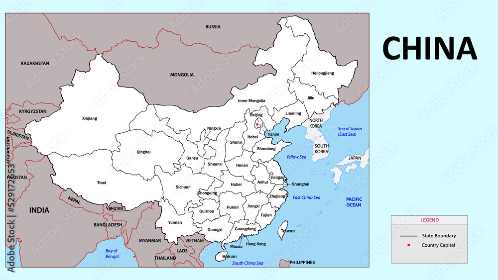 China Map. State and province map of China. Administrative map of China with district and ...