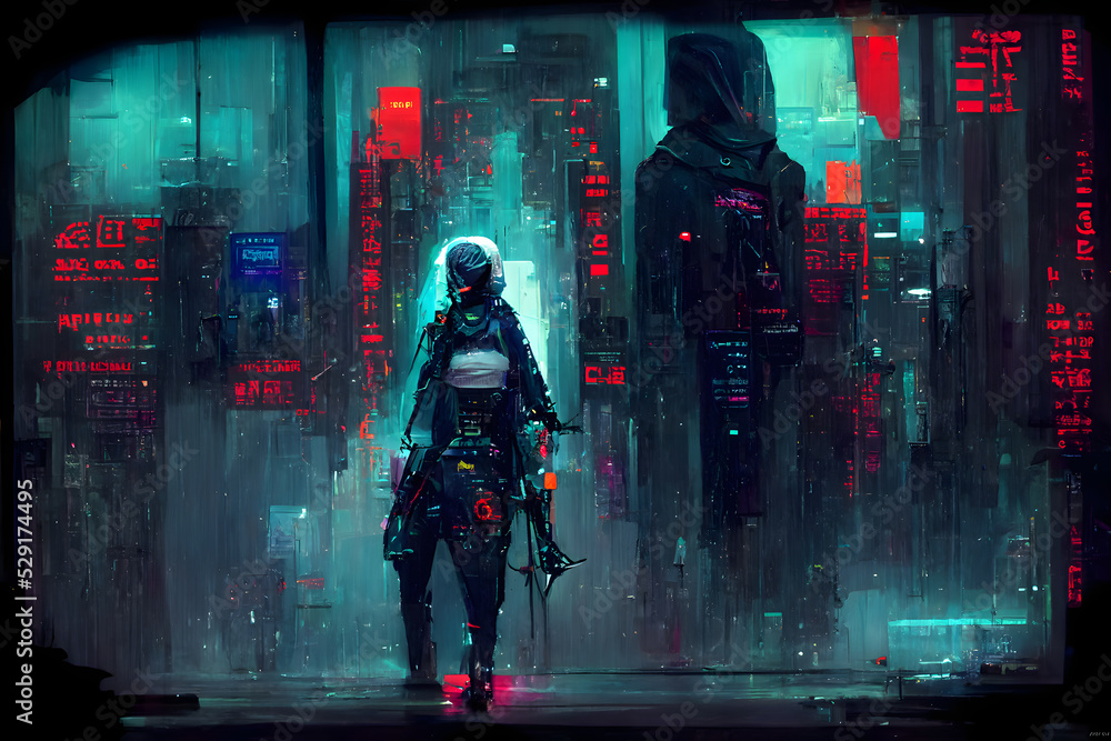 cyberpunk assasin figure in night cyberpunk style neon illuminated city ...
