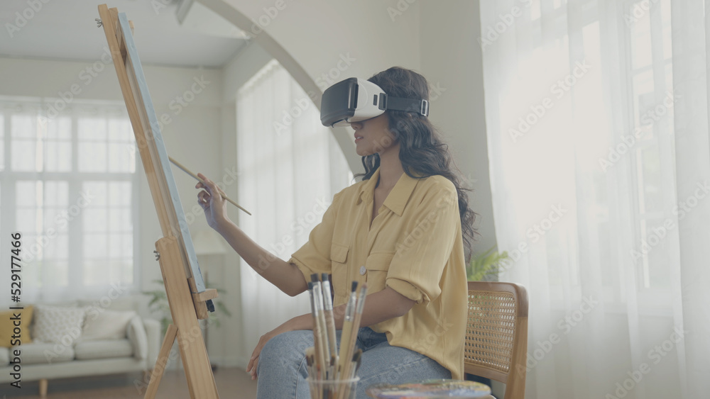 Artist concept of 4k Resolution. Asian woman wearing vr and painting in ...