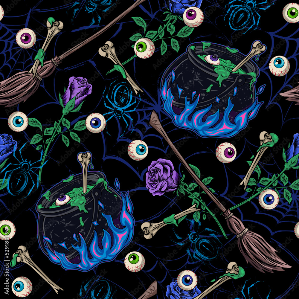 Halloween pattern with witch cauldron with bubbling green liquid, magic ...