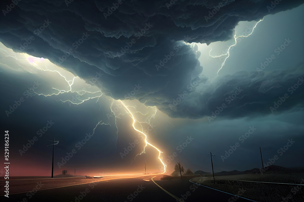lightning in the sky, epic thunder cloudy background, digital ...