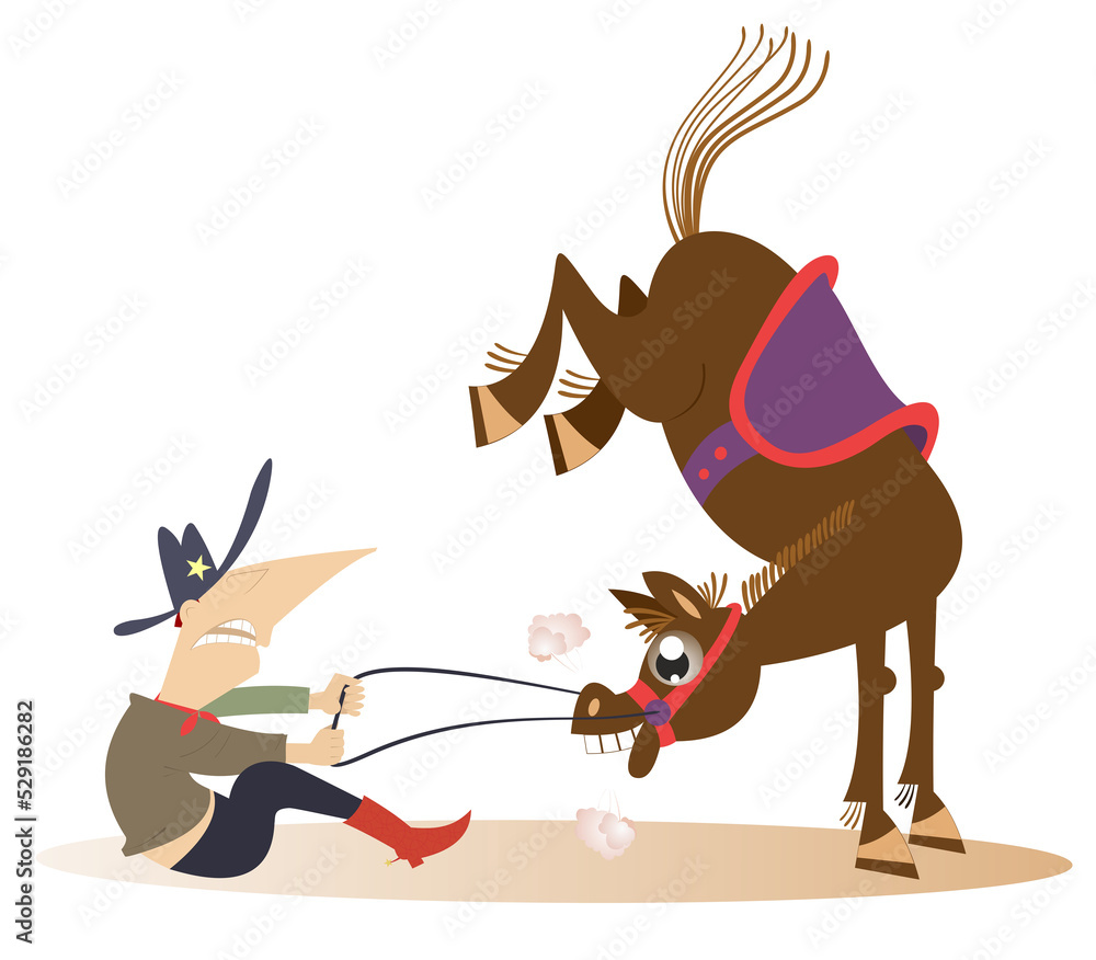 Cartoon rider and a balky horse isolated illustration. Rodeo. Man or ...