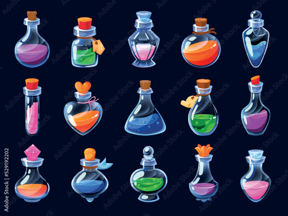 Game potion. Cartoon elixir for strength mana and stamina, love potion ... Game potion. Cartoon elixir for strength mana and stamina, love potion ...