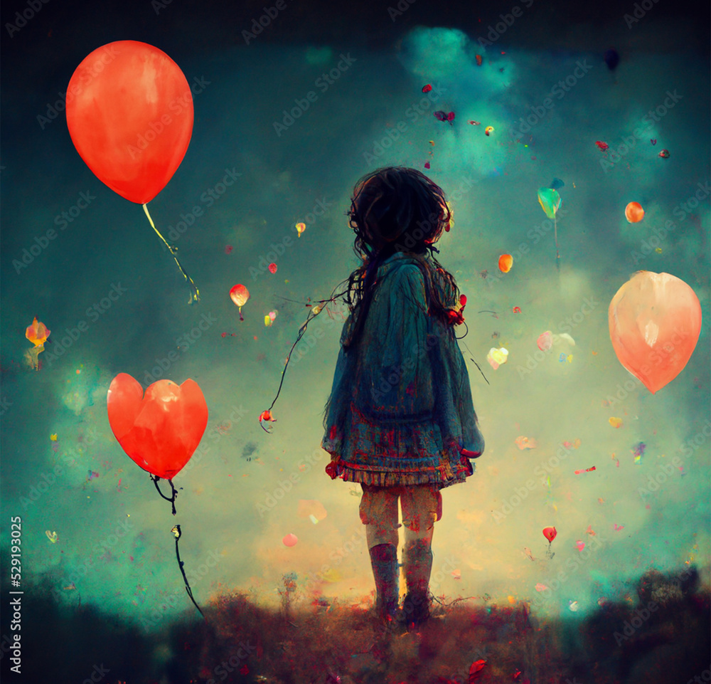 little girl in a fairy tale world with red heart balloons Stock ...
