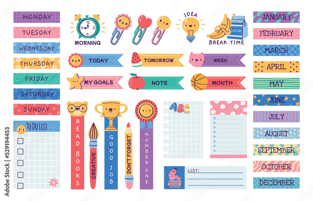 Vetor de School journal stickers. Cartoon planner label memo tags, cute ...