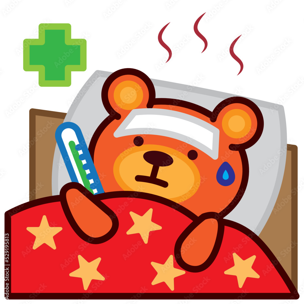 Cartoon teddy bear getting cold and laying in bed with fever, flu treatment for kids concept ...