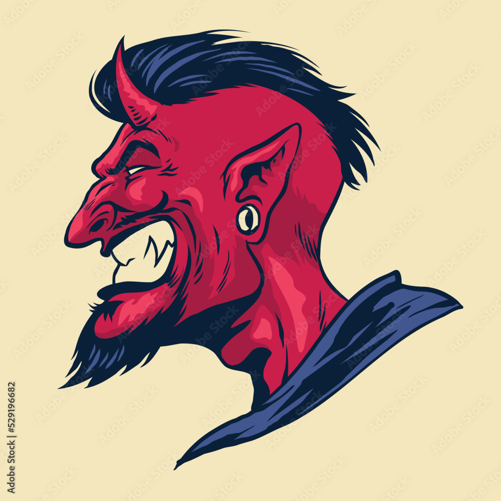 angry side face of devil in vintage hand drawn style Stock Vector ...