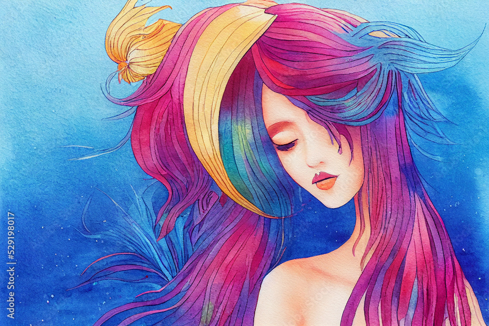 Cute little mermaid portrait. Watercolor illustration Stock ...