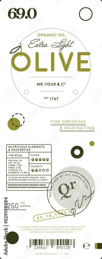 Natural extra virgin olive oil label template. Layout of food identity ...