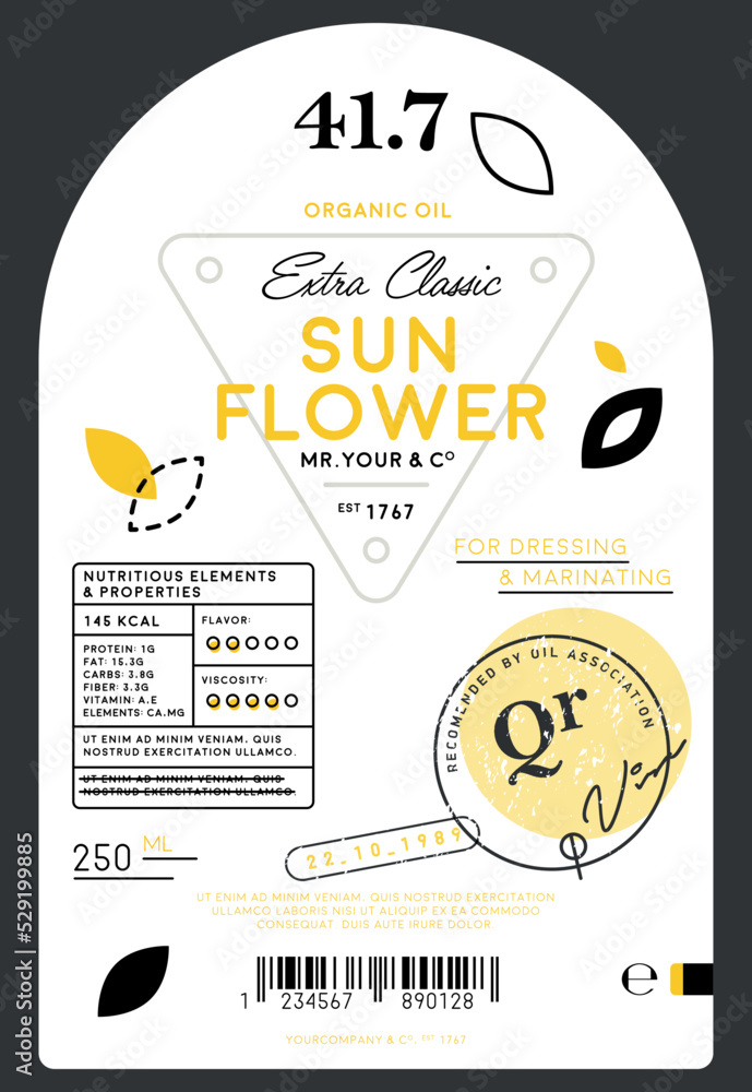 Organic extra virgin sunflower oil label template. Layout of food ...