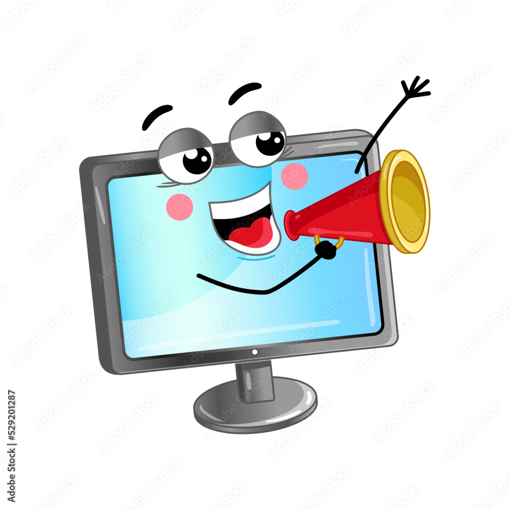 Happy lcd monitor with megaphone cartoon character. Modern appliance ...