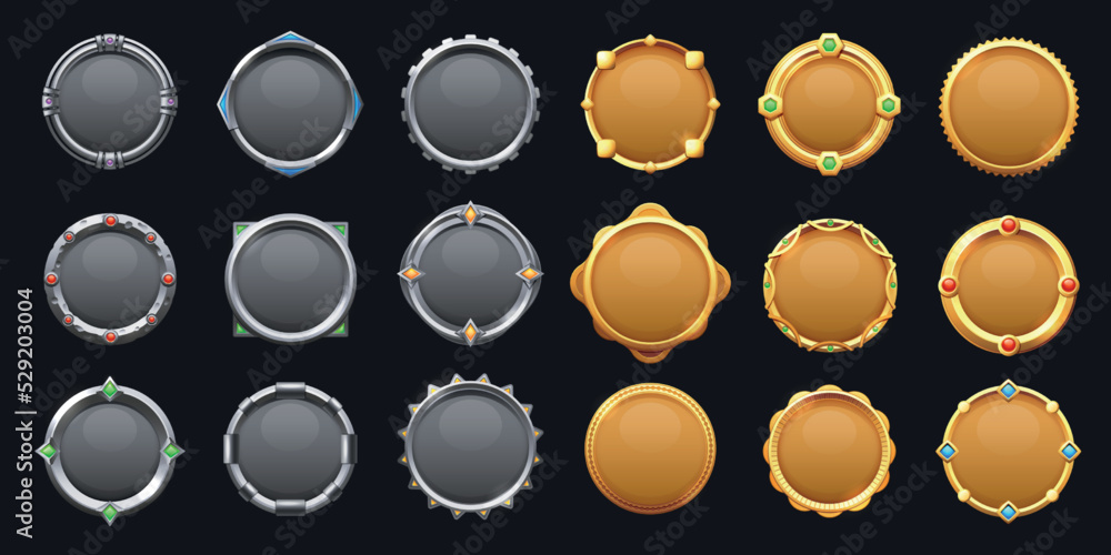 Game round metal button. Cartoon steel game asset frame UI icons, empty ...