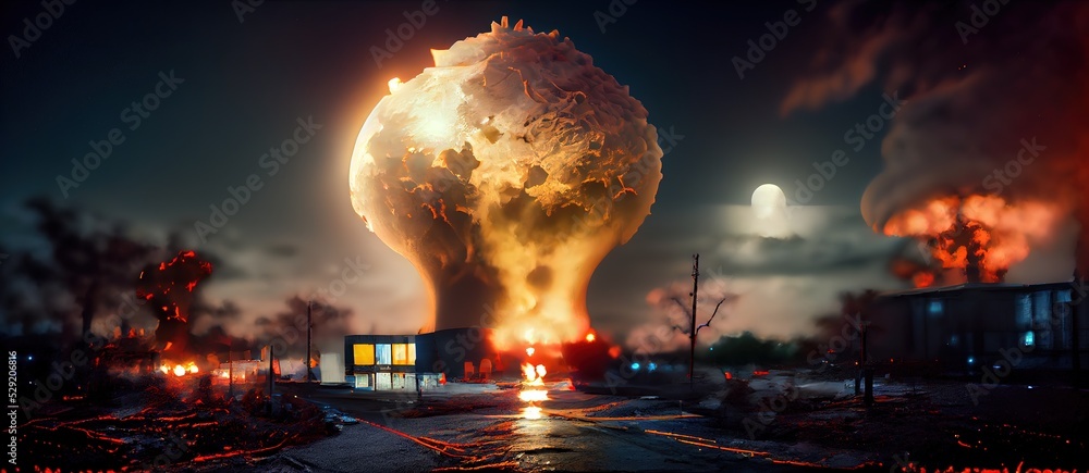 Raster illustration of nuclear explosions in the middle of the night ...