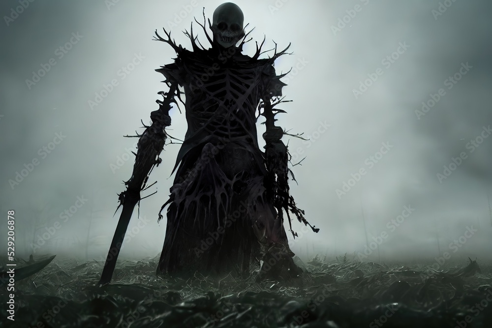 Raster illustration of a skeleton with a sword in a dense fog. Death ...