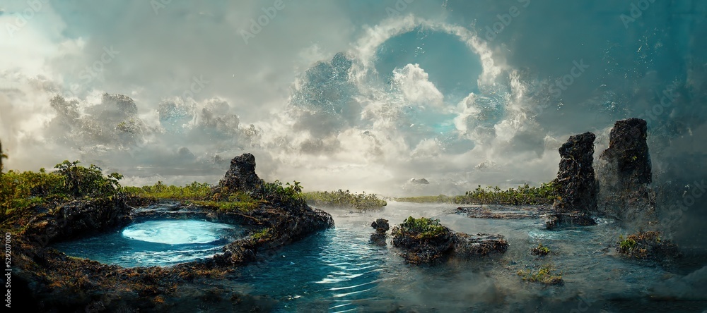 Raster illustration of beautiful island from a bird's eye view with ...