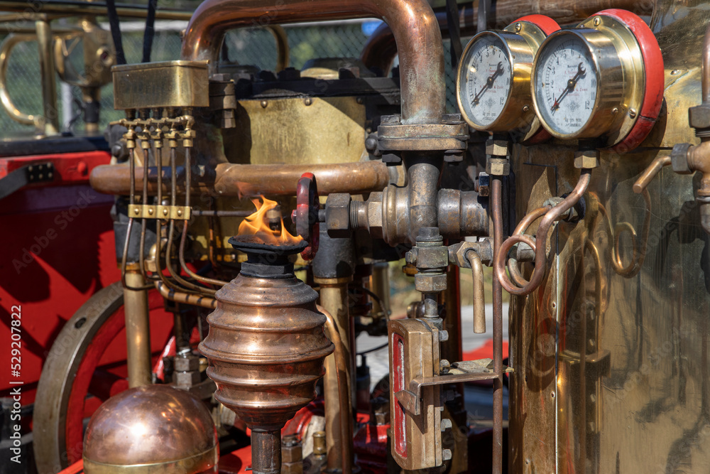 flame, historic fire brigade on steam, cart, steam trains at ...