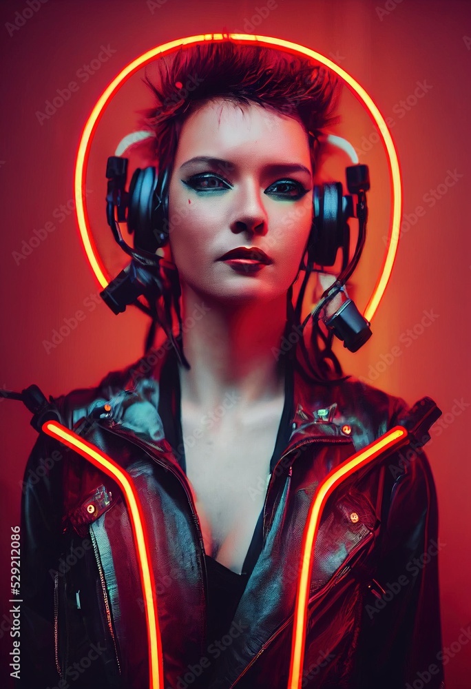 Realistic Portrait Of A Fictional Punk Girl With Headphones And Black