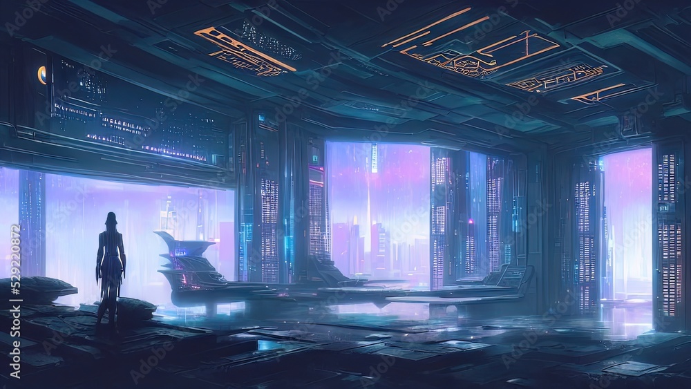 Futuristic and sci-fi dark room interior design with neon light in ...
