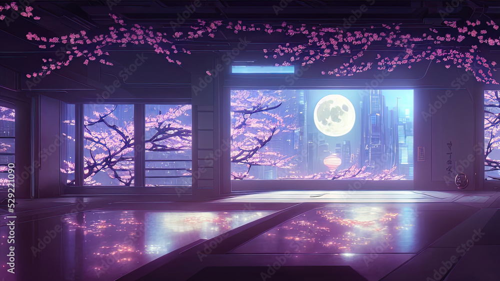 Futuristic and sci-fi dark room interior design with neon light in ...