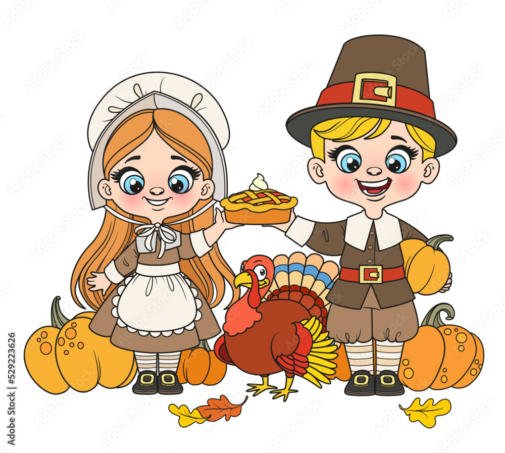 Cute cartoon pilgrims boy and girl with pie and turkey beside color ...