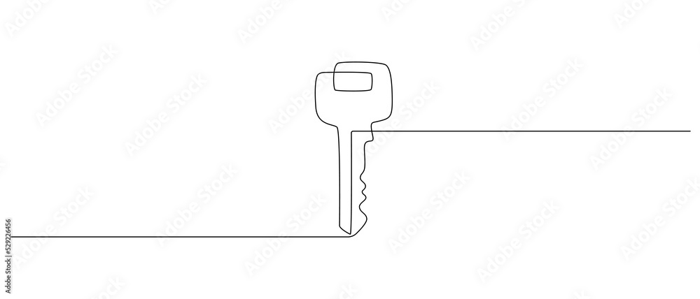 One continuous line drawing of house key. Real estate and password and ...