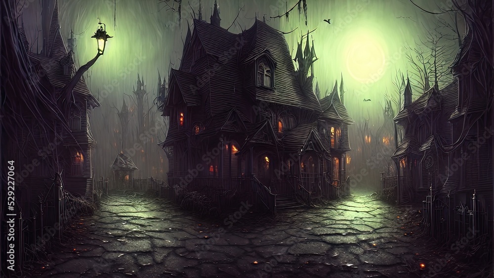 Dark scary street with ancient houses and lanterns, Halloween ...