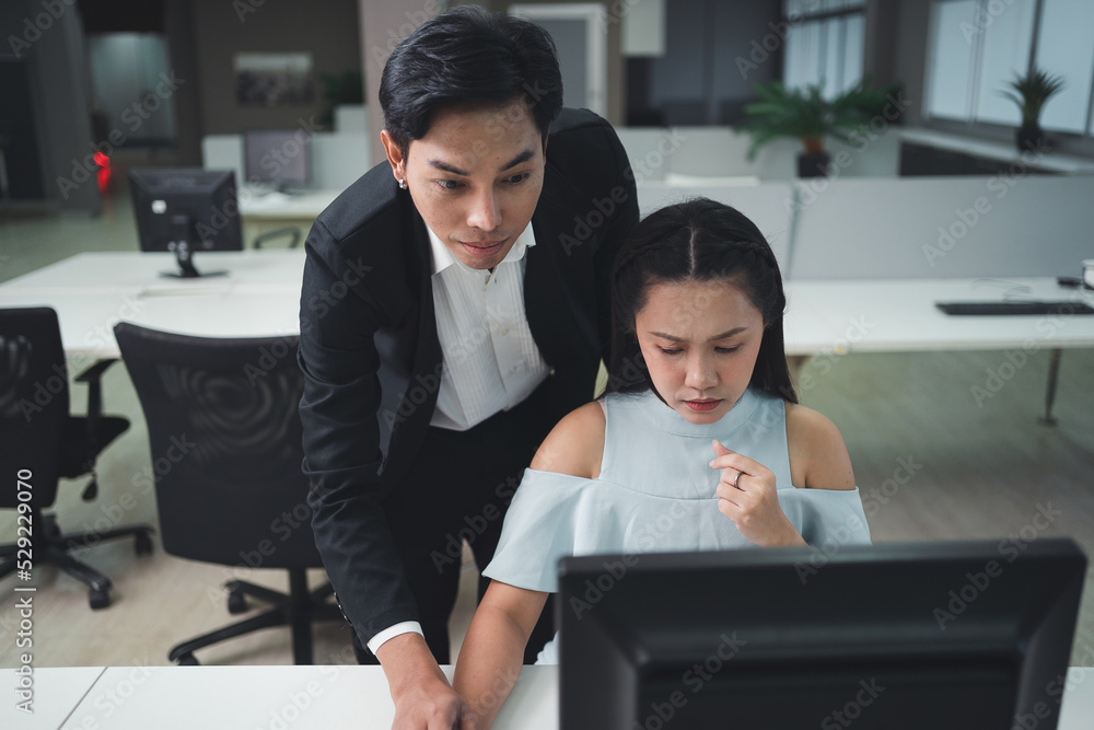Abuse by adults, fear by businessmen Executive desk, female employee ...