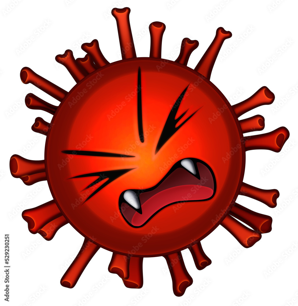 Scared sneezing Influenza cartoon virus icon. Angry red Coronavirus ...