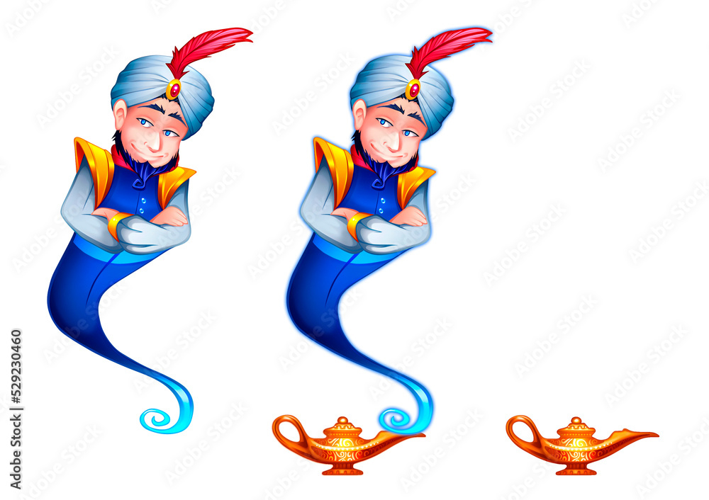 Bearded Genie cartoon character in a blue and white costume and a ...