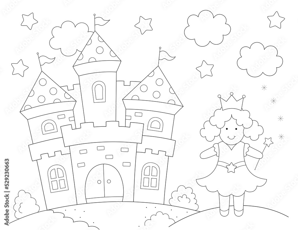 castle and a princess coloring page for kids You can print it on an 8 ...