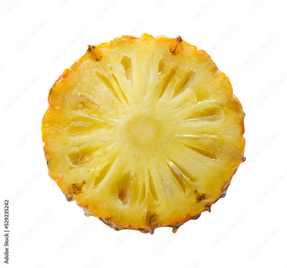 One large yellow round pineapple slice on transparent background. Fresh ...