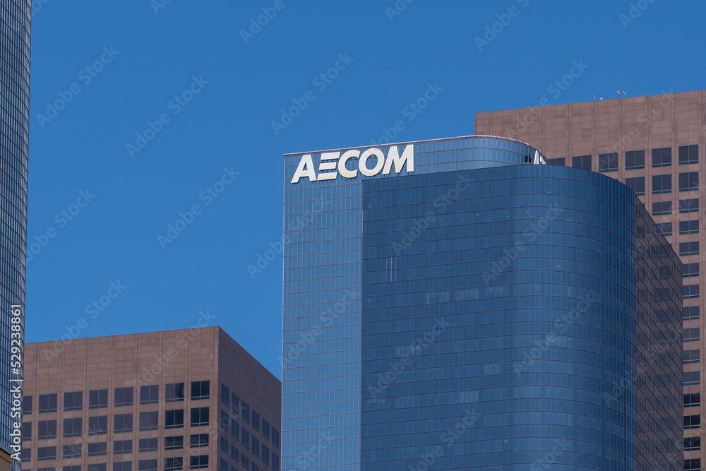 Los Angeles, CA, USA - July 11, 2022: Aecom office building in downtown Los Angeles. AECOM is an ...