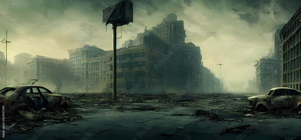 Ruined cityscape with destroyed buildings. Digital art painting for ...