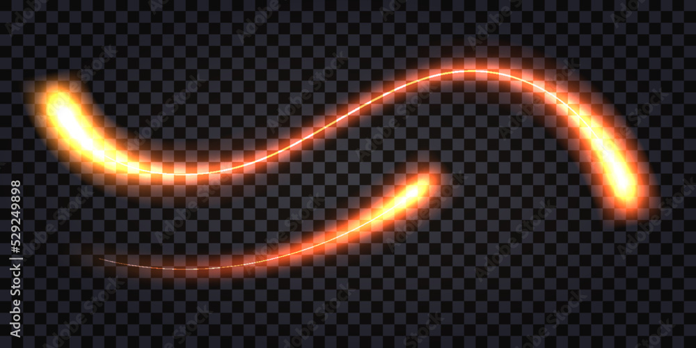 Glowing light trail, wave swirl swoosh, red and orange fiery neon glow ...