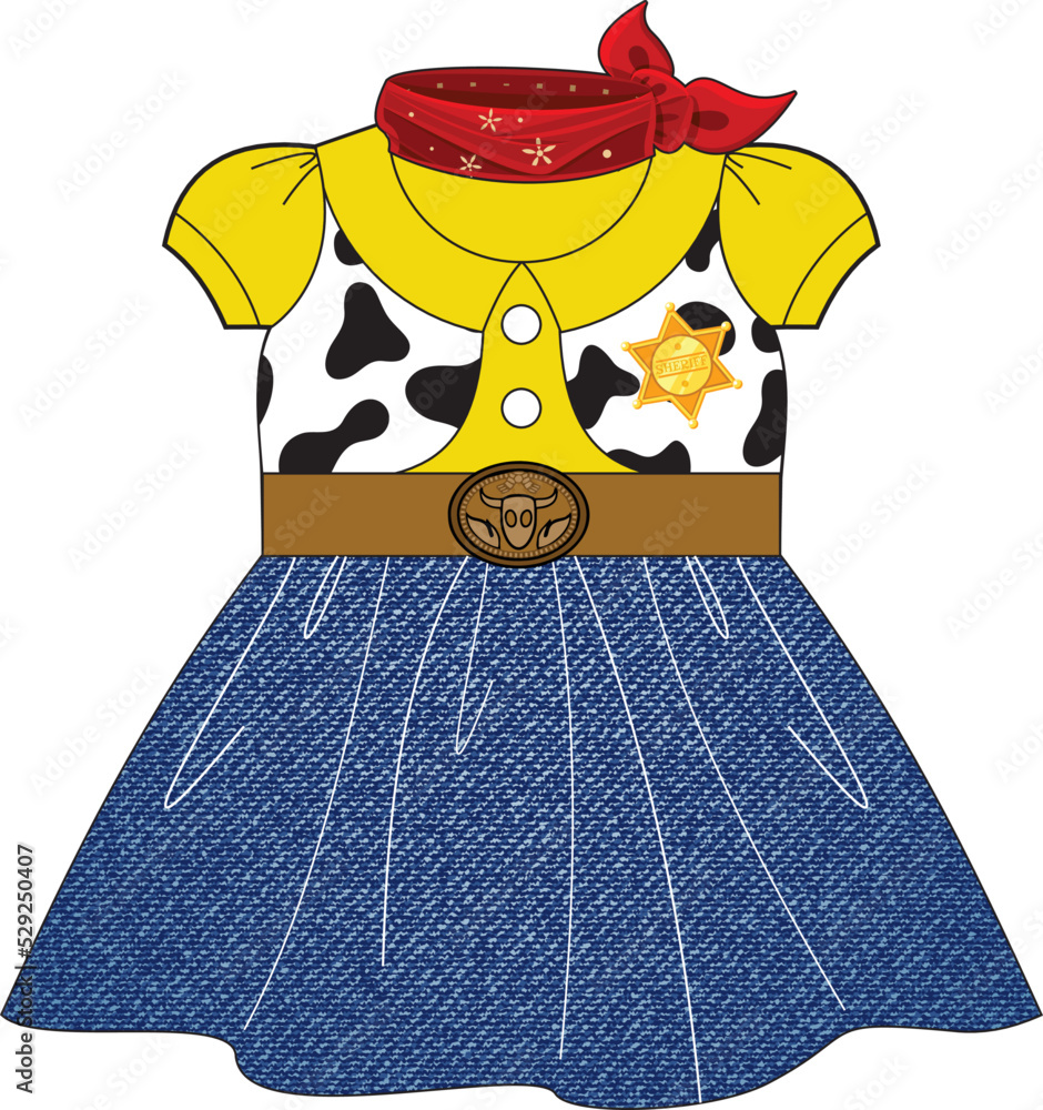 Technical drawing with sheriff cartoon print. Dress costume for girls ...